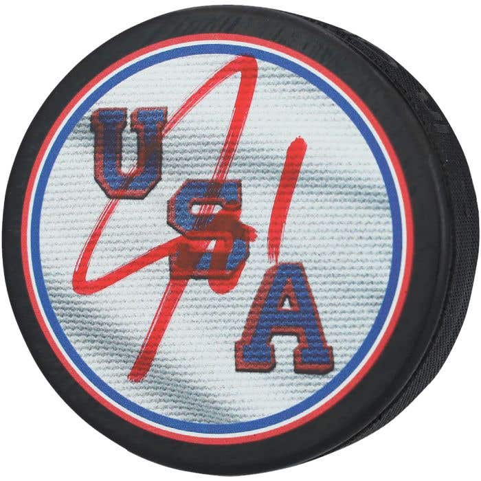 Fanatics USA Hockey Jeremy Swayman Autographed Puck | HockeyMonkey